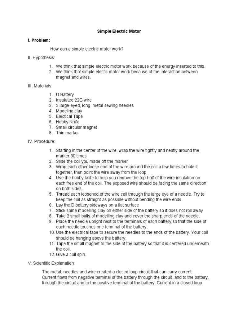 Simple Electric Motor I. Problem: How Can A Simple Electric Motor Work ...