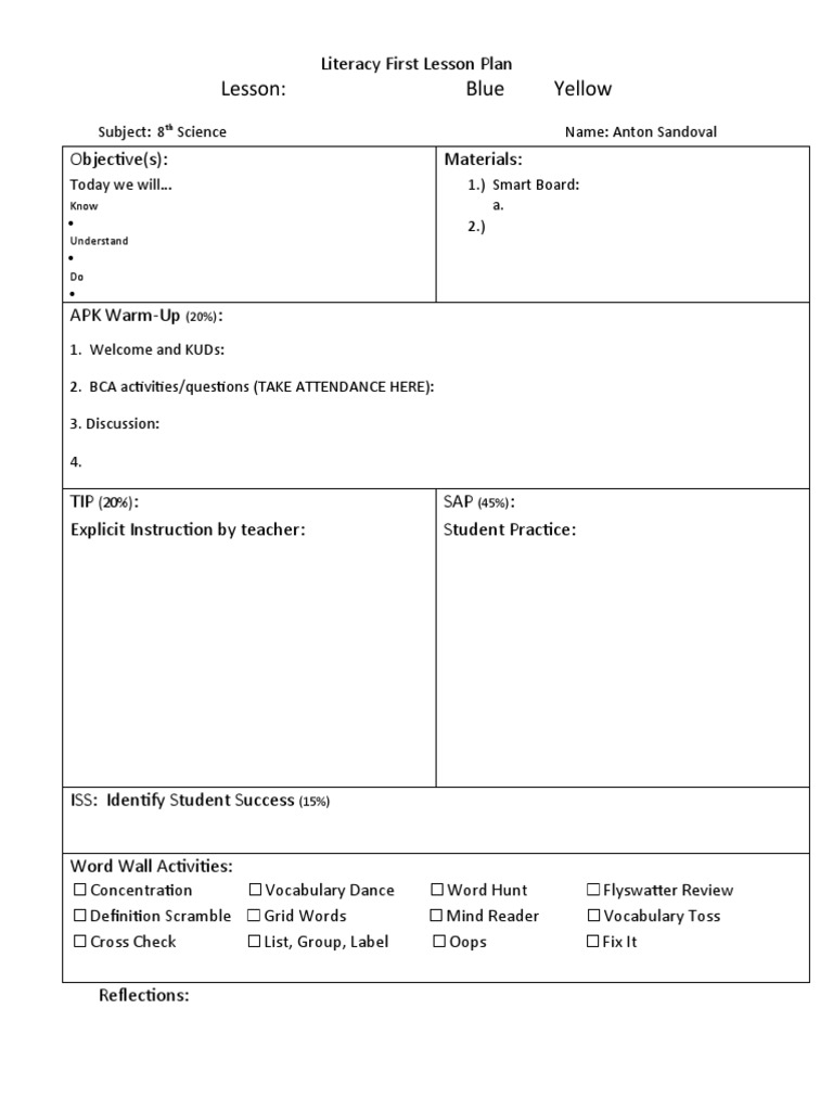 Lesson: Blue Yellow: Literacy First Lesson Plan | PDF | Career & Growth ...