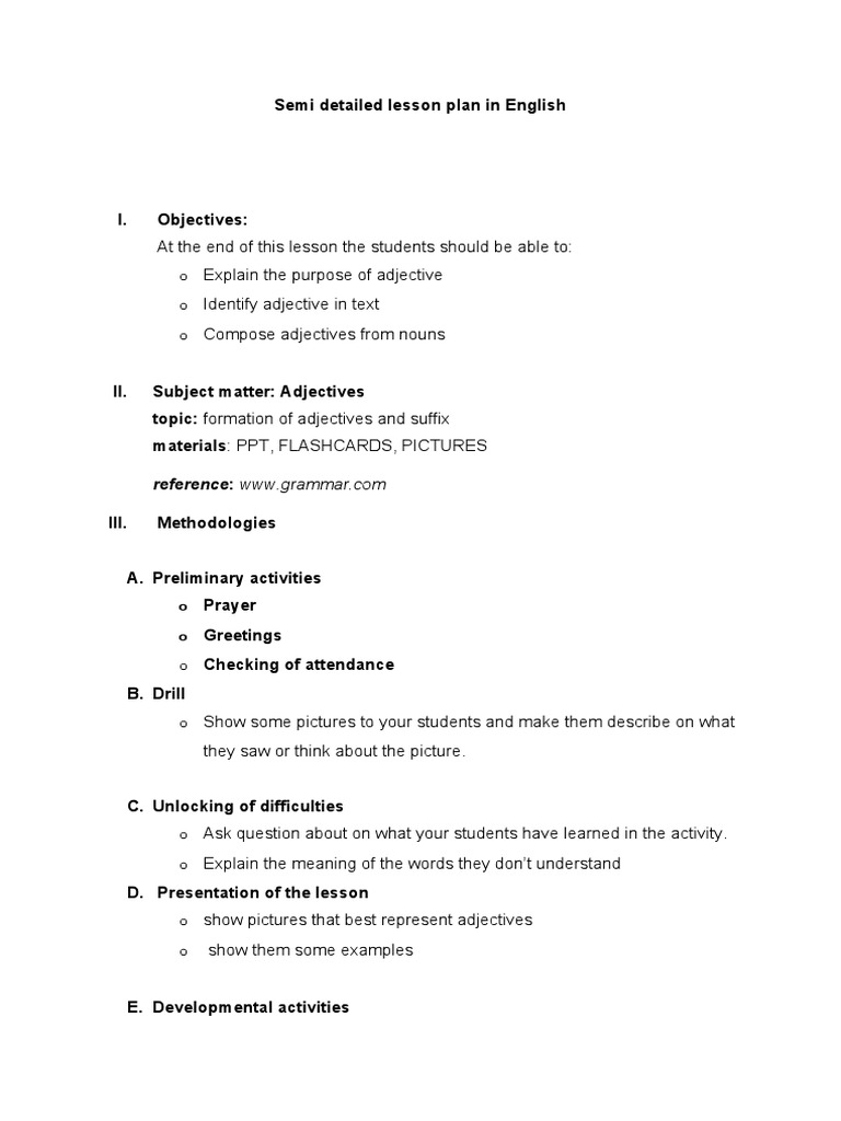 Semi Detailed Lesson Plan in English | PDF | Adjective | Noun