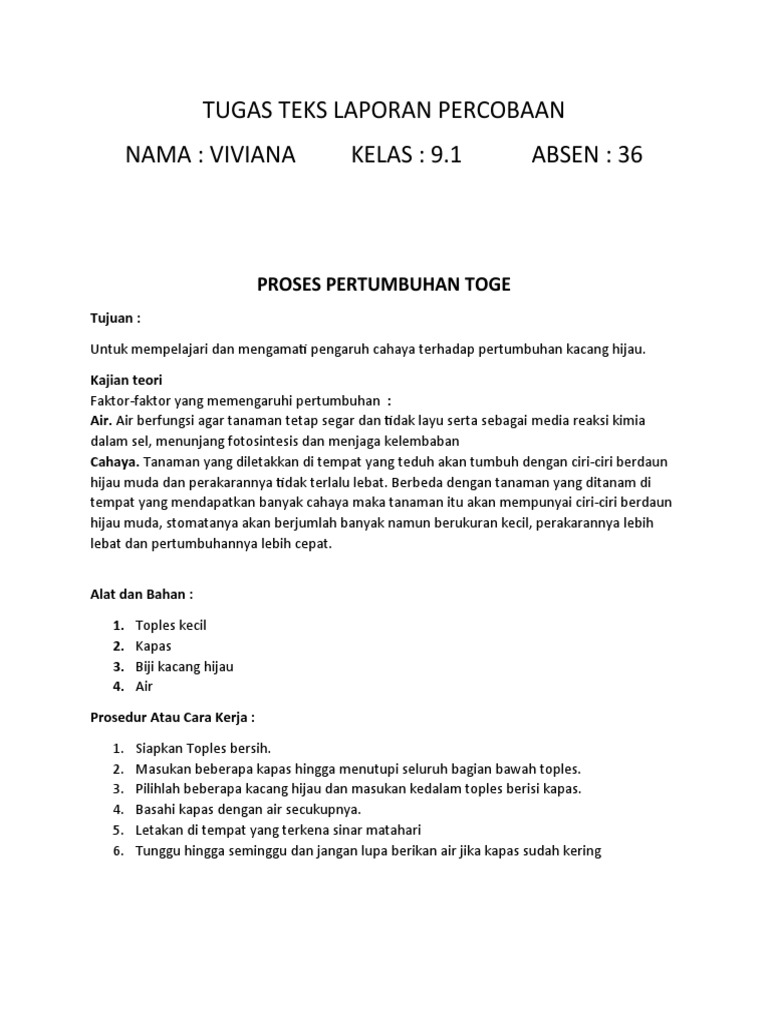 Tugas Teks Laporan Percobaan Toge | PDF