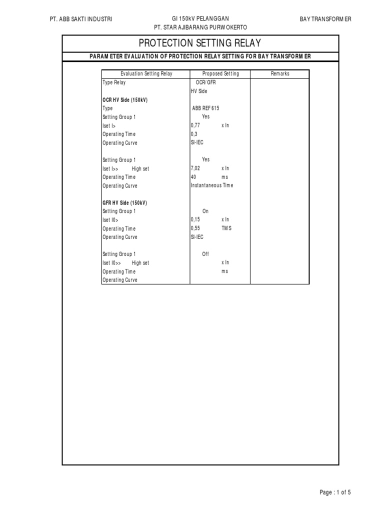 Setting Relay Bay Trafo | PDF | Voltage | Electrical Components