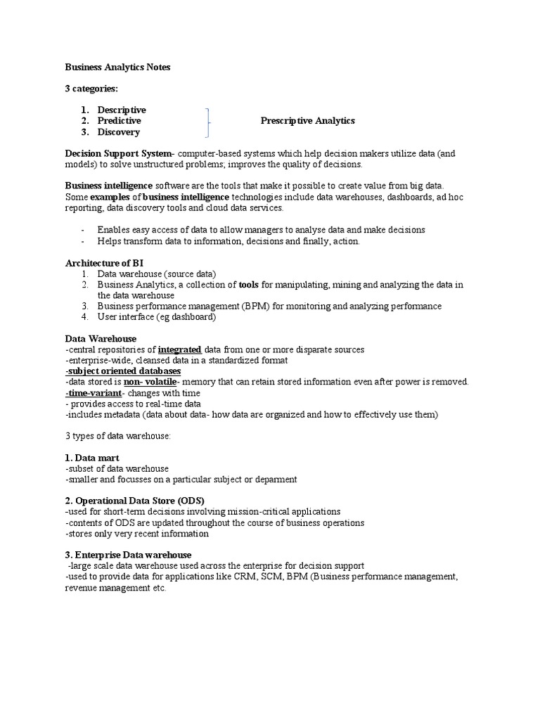 Business Analytics Notes | PDF | Data Model | Data Warehouse