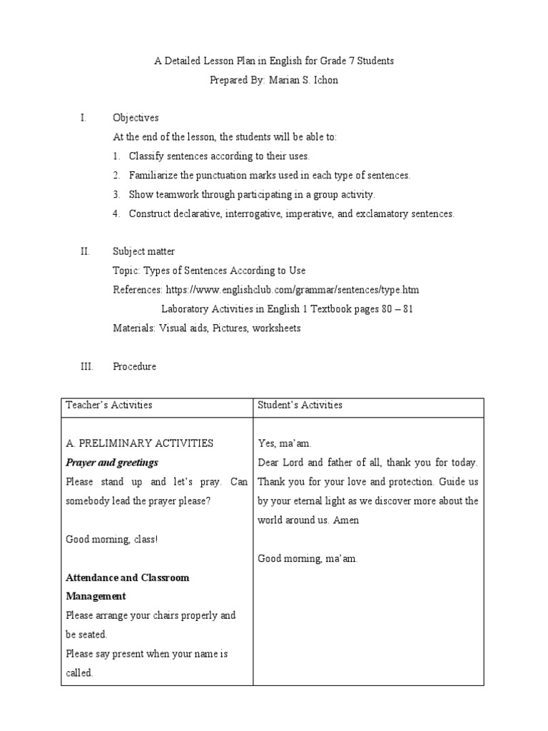 A Detailed Lesson Plan In English For Grade 7 Students PDF Sentence