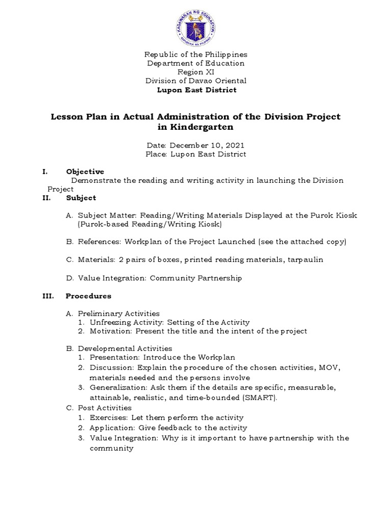 Lesson Plan in Actual Administration of The Division Project in Kindergarten | Download Free PDF ...