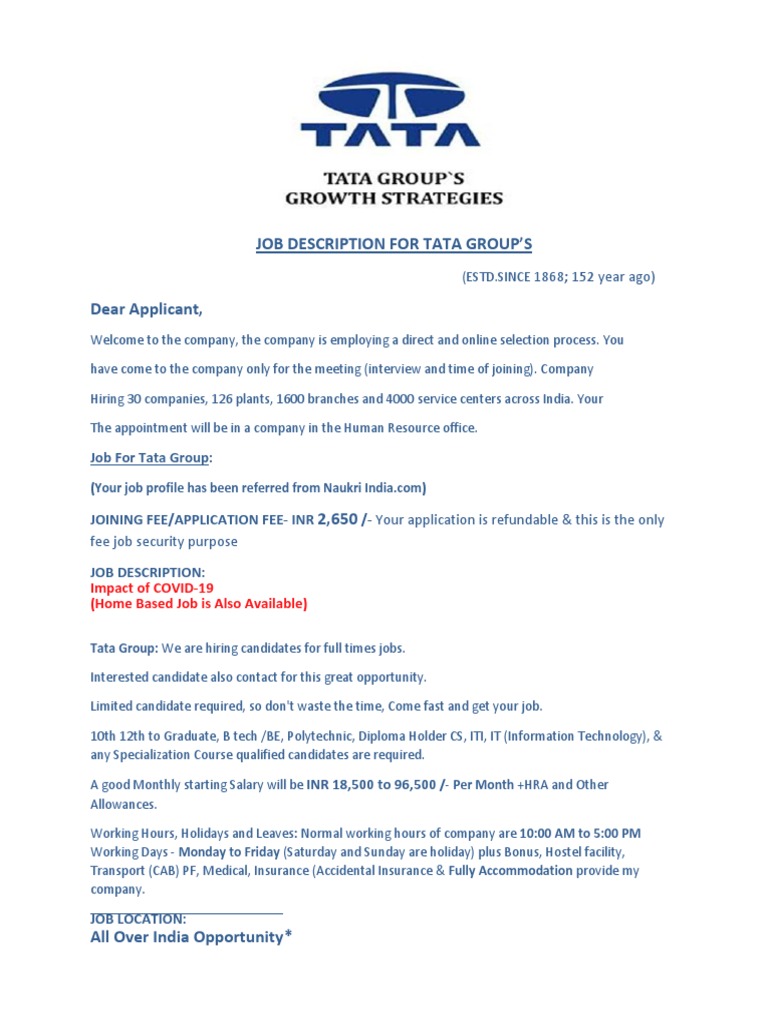 Job Description For Tata Group's (2021) | PDF