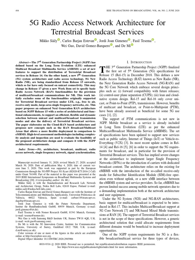 5g Radio Access Network Architecture For Terrestrial Broadcast Services