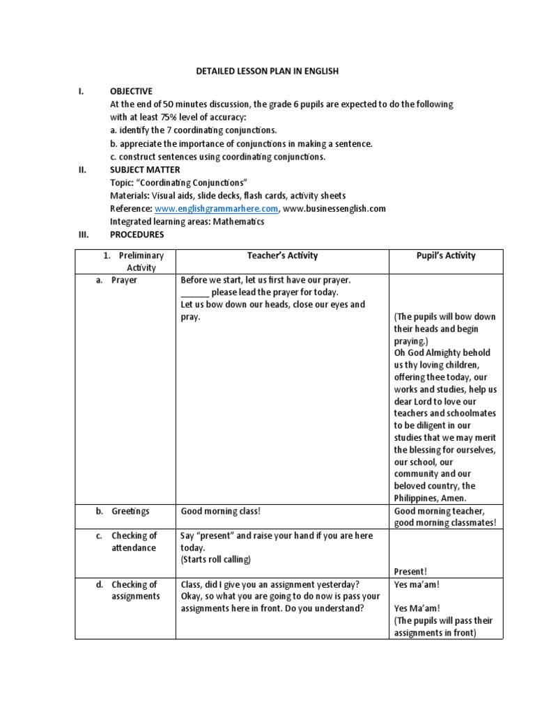 English Lesson Plan - Coordinating Conjunctions | PDF | Preposition And ...