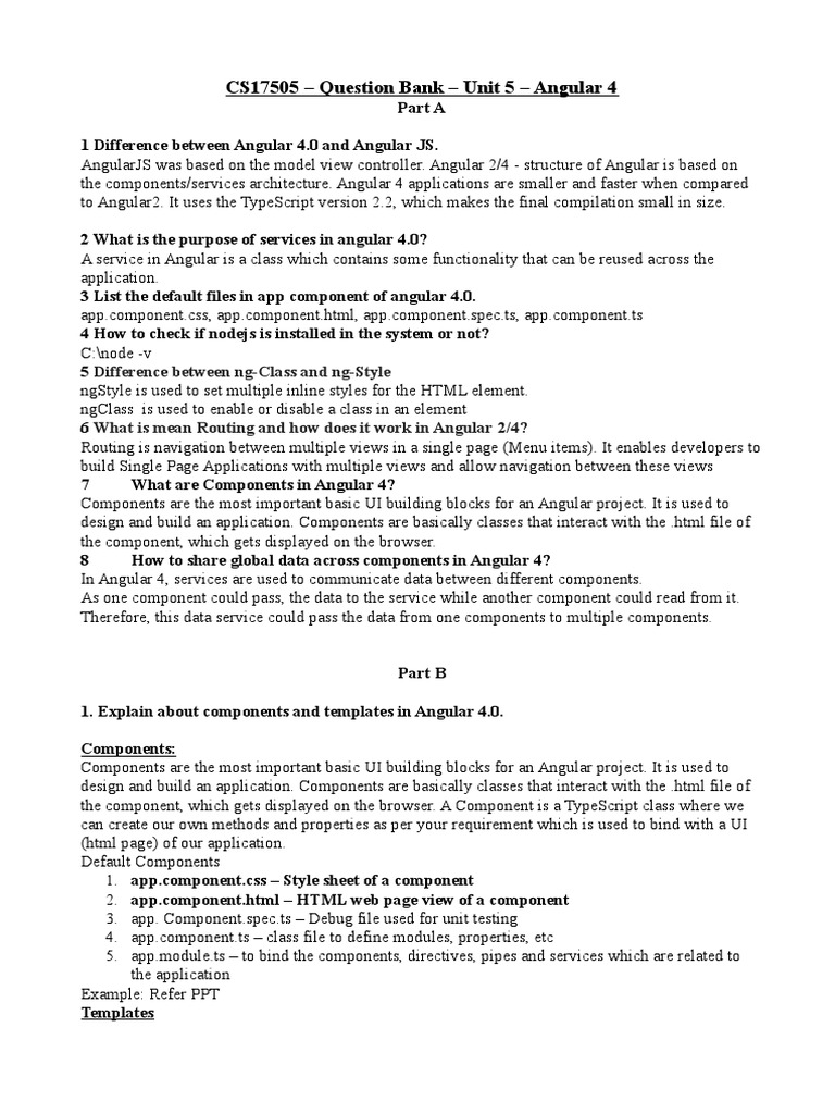 CS17505 - Question Bank - Unit 5 - Angular 4: Difference Between Ng ...