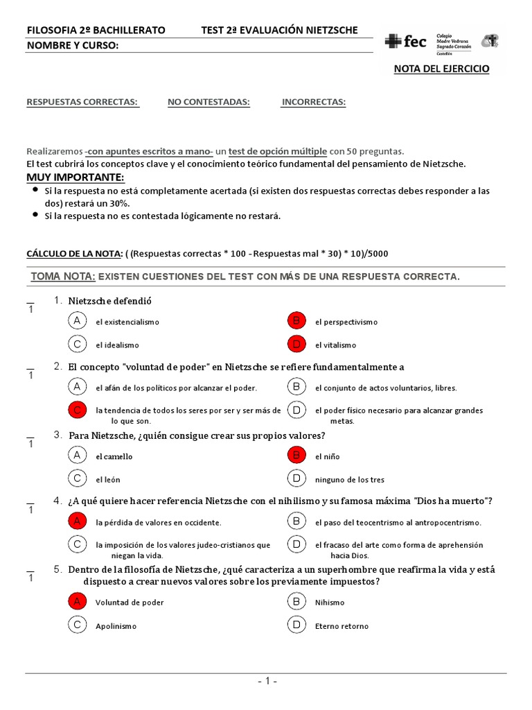 Test de Nietzsche para 2º Bachillerato | PDF | Friedrich Nietzsche ...