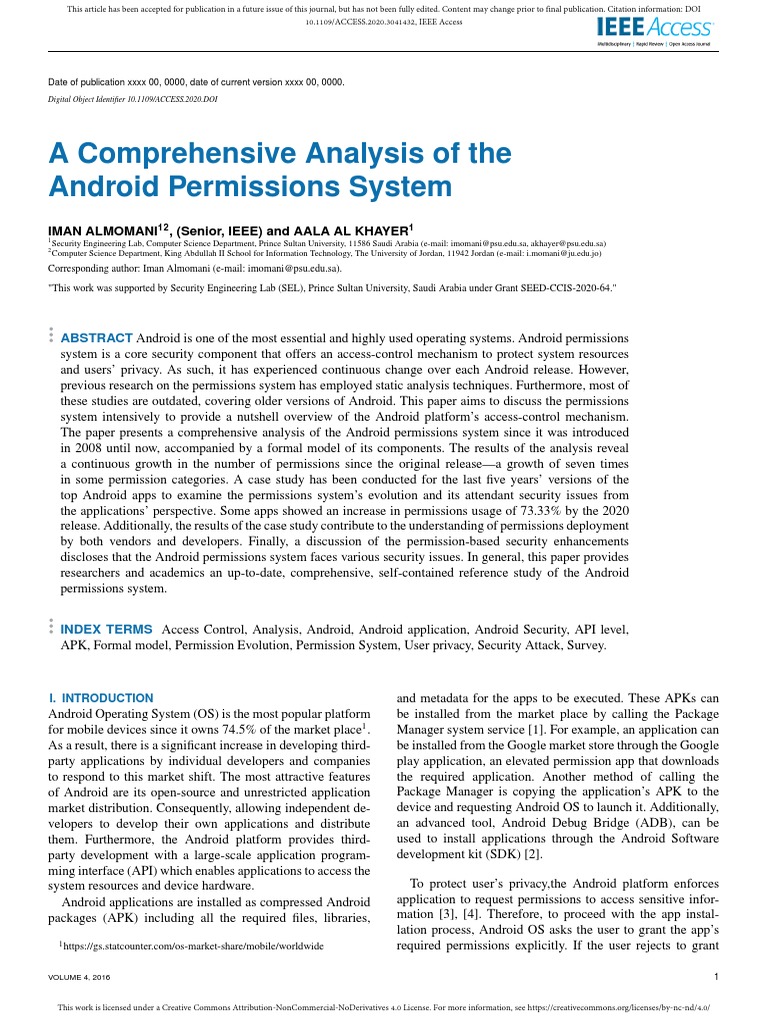 A Comprehensive Analysis of the Evolution of the Android Permissions System | PDF | Android ...