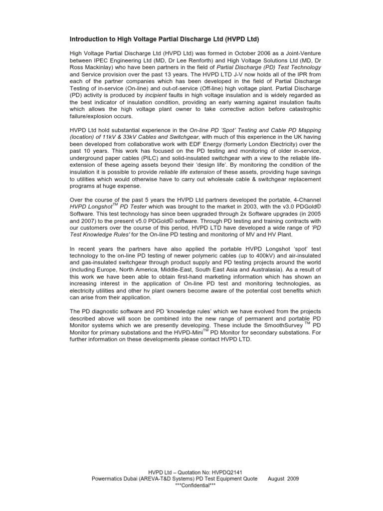 Introduction To High Voltage Partial Discharge LTD (HVPD LTD) | PDF ...