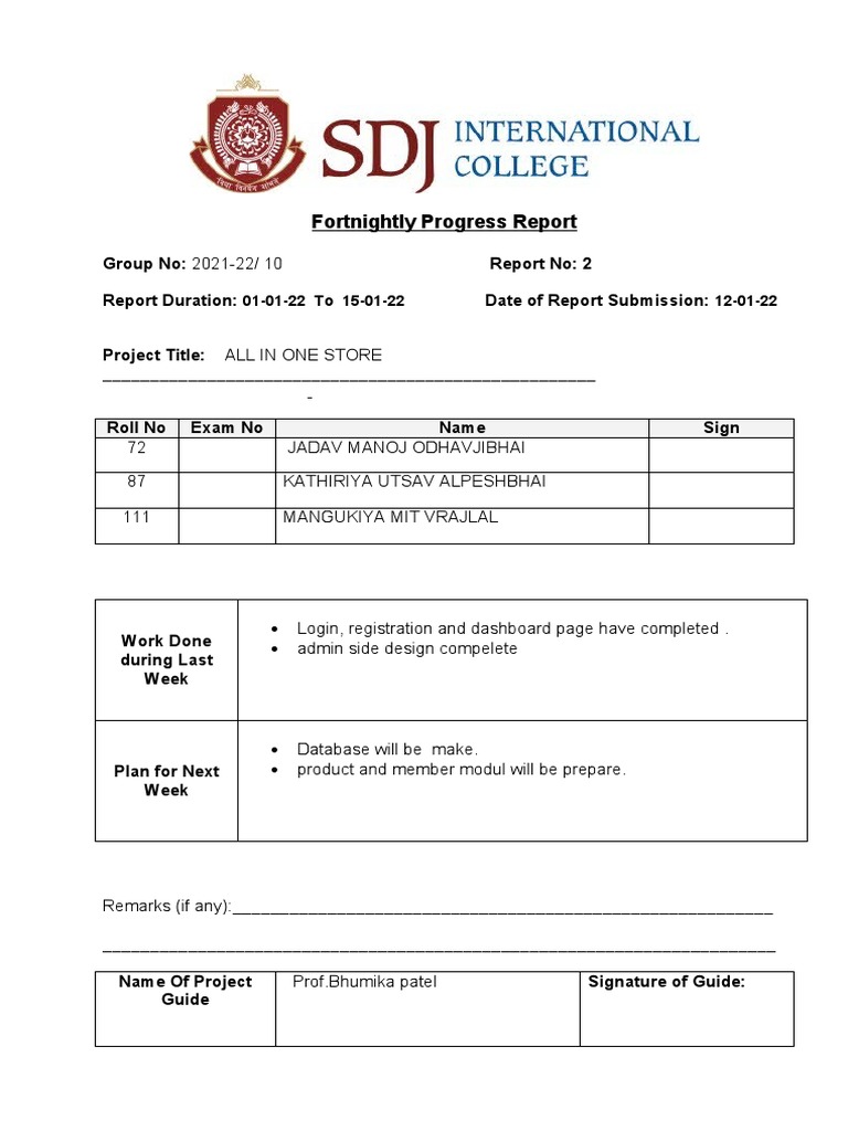 Fortnightly Progress Report: Group No: 2021-22/ 10 Report Duration ...
