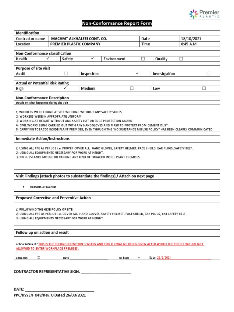 Non-Conformance Report Form: Details On What Happened During Site Visit ...