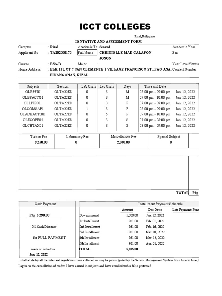 Icct Colleges: Tentative and Assessment Form | PDF