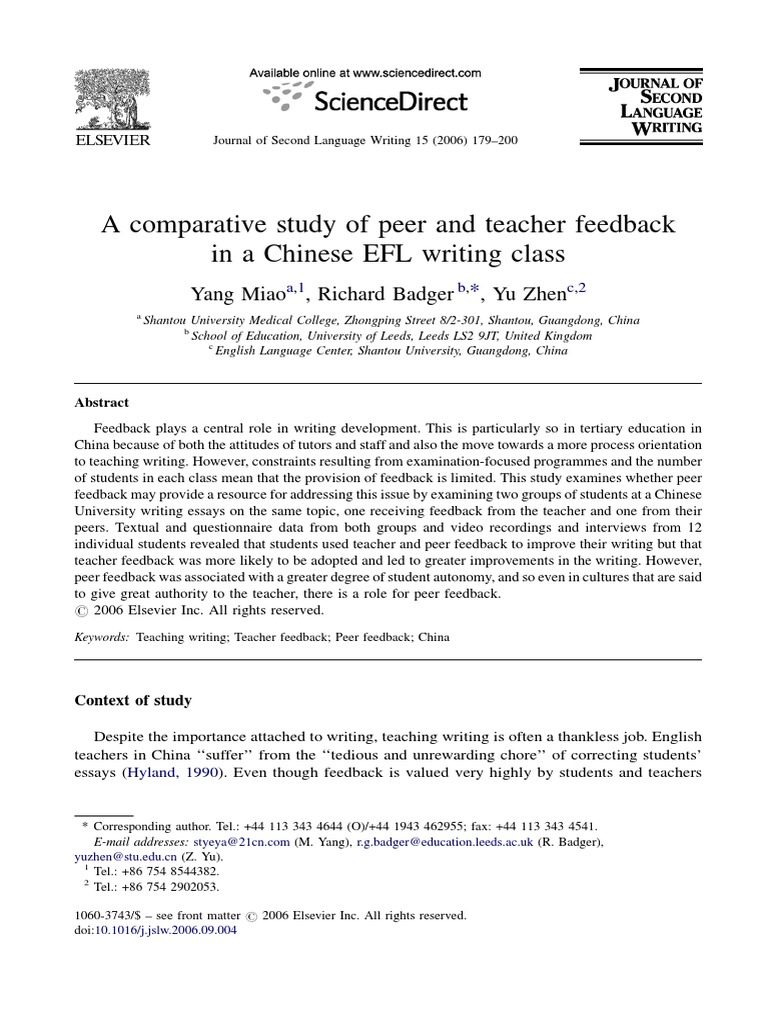 Peer vs. Teacher Feedback in EFL Writing | PDF | English As A Second Or ...