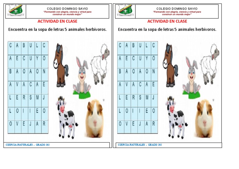 Actividad de sopa de letras para identificar 5 animales herbívoros ...