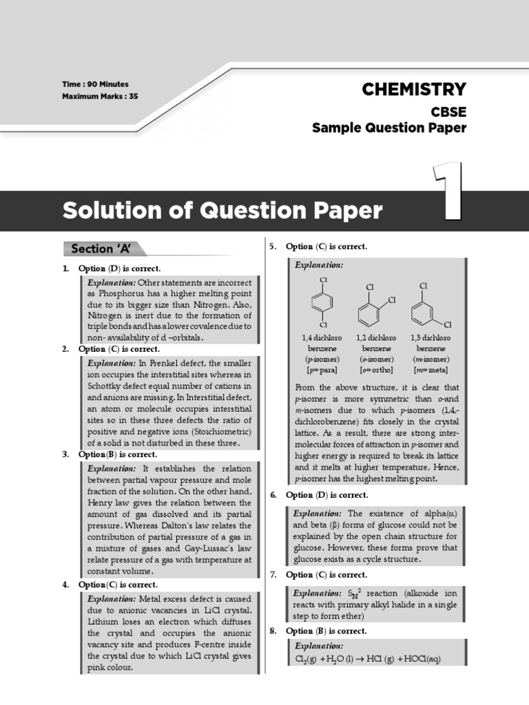 12 Chem SQP Term 1 - Solution Sample Question Paper - 1 | PDF | Ion ...