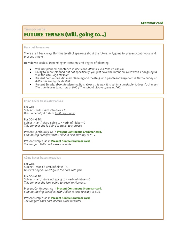 Future Tenses (Will, Going To... ) | PDF | Verb | Language Arts ...