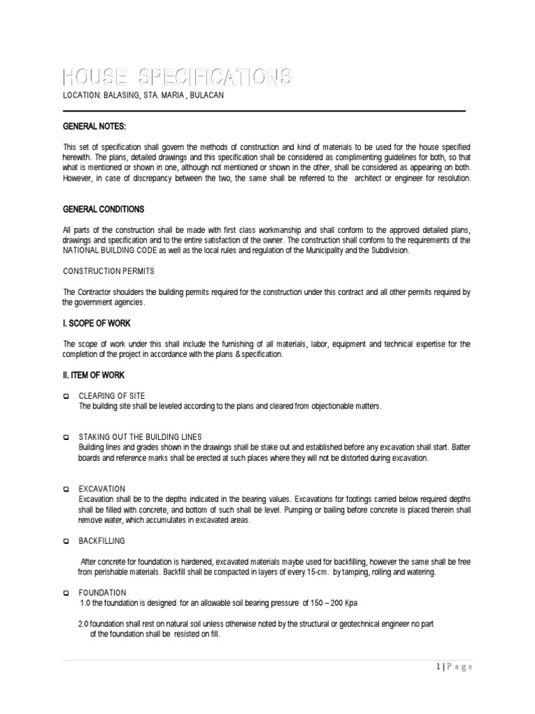House Spec | PDF | Concrete | Specification (Technical Standard)