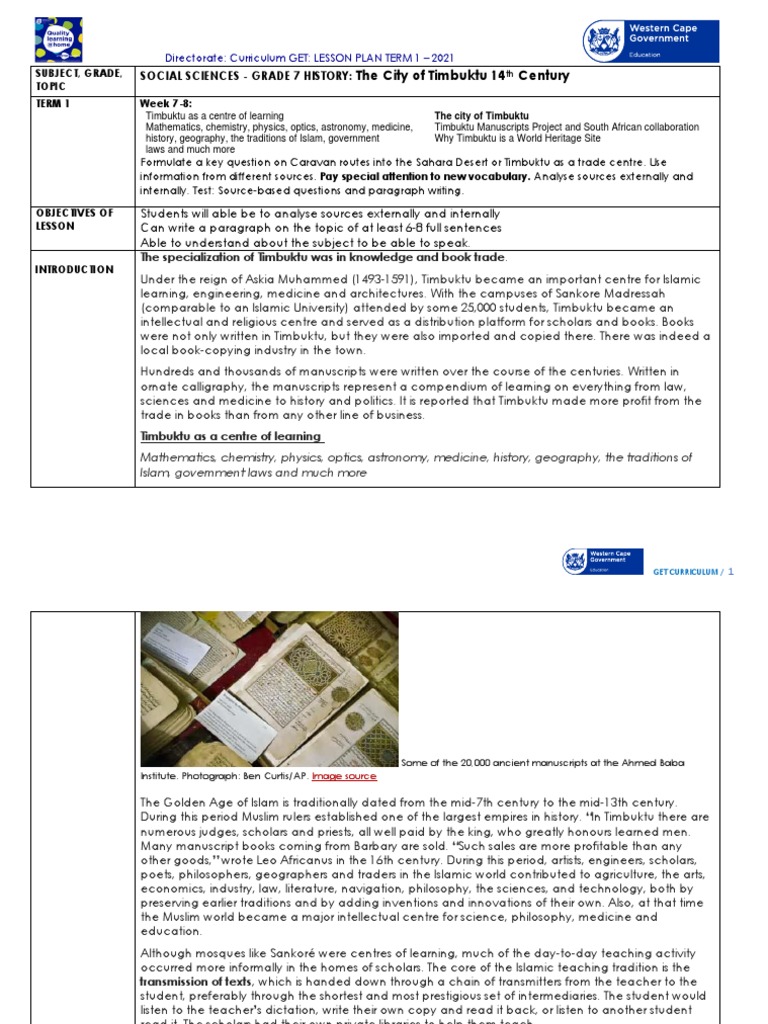 Lesson Plan SP Grade 7 SS History T1 W7&8 | PDF | Manuscript