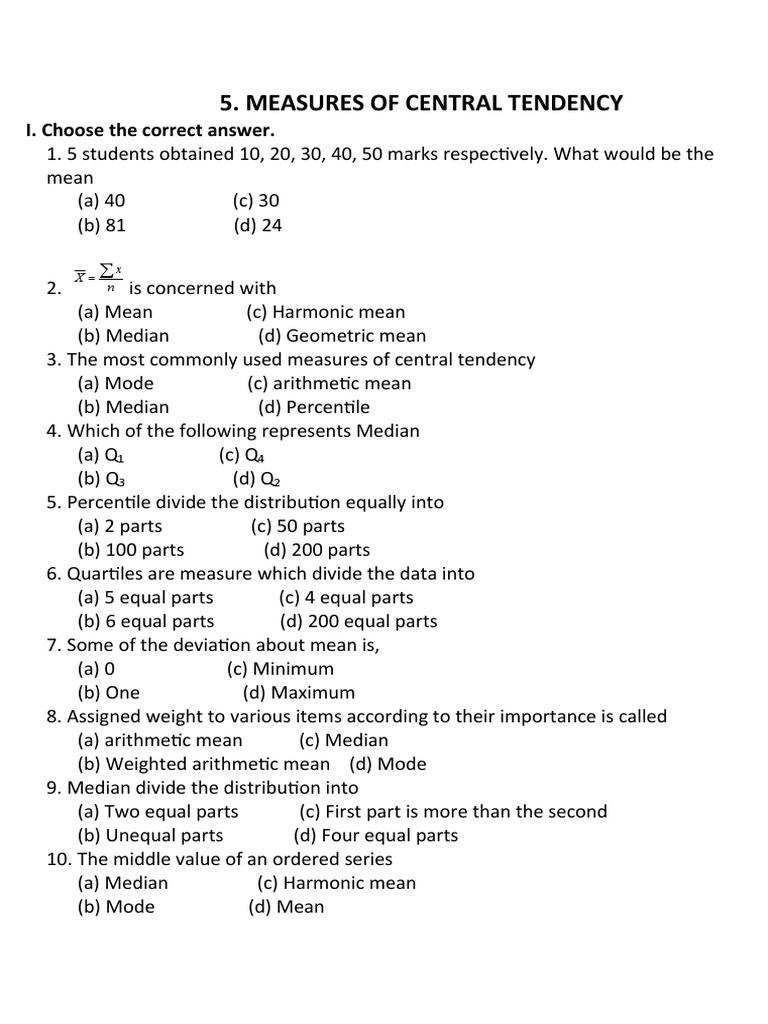Central Tendency Measures Quiz | PDF | Mean | Arithmetic Mean