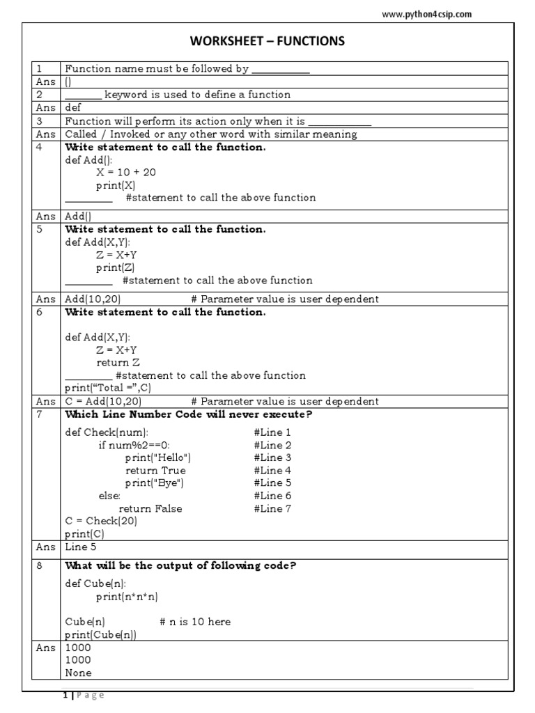 Solution Function Worksheet Pdf Parameter Computer Programming Subroutine 