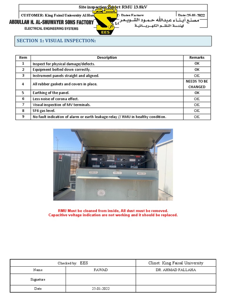 Section 1: Visual Inspection:: Item Description Remarks | PDF ...