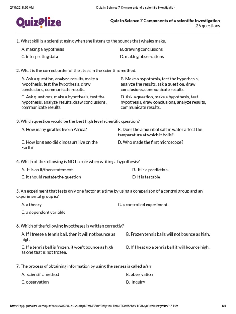 Quiz on Scientific Investigation Concepts | PDF | Hypothesis | Experiment