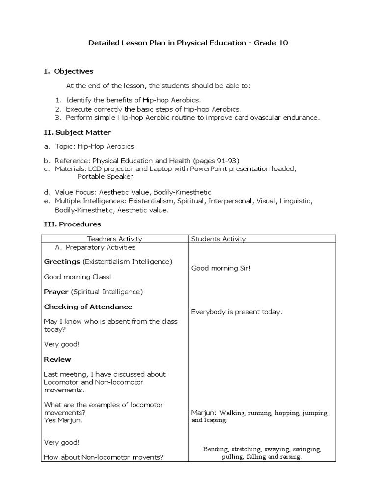 Detailed Lesson Plan in Physical Education - Grade 10 | PDF | Physical ...
