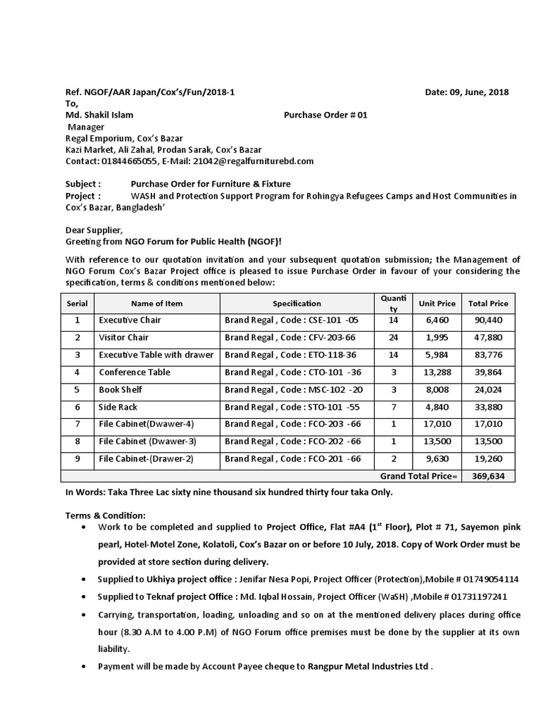 Furniture Purchase Order for NGOF | PDF | Payments | Cheque