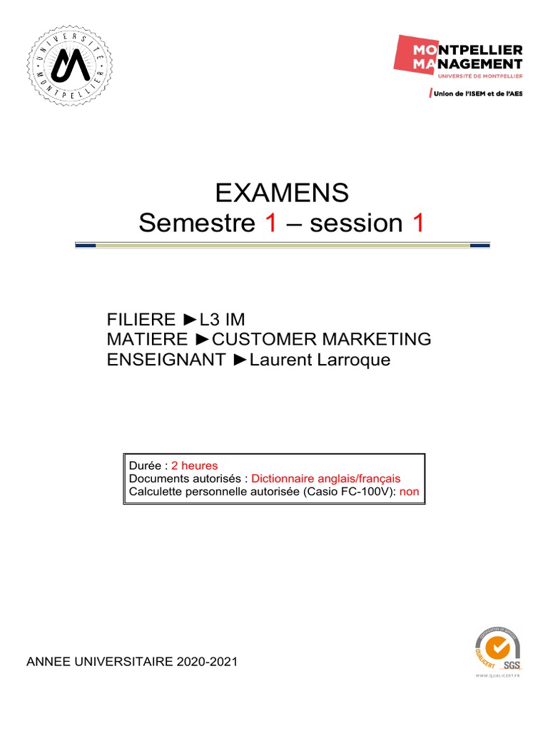 Examens Semestre - Session: Filiere L3 Im Matiere Customer Marketing ...
