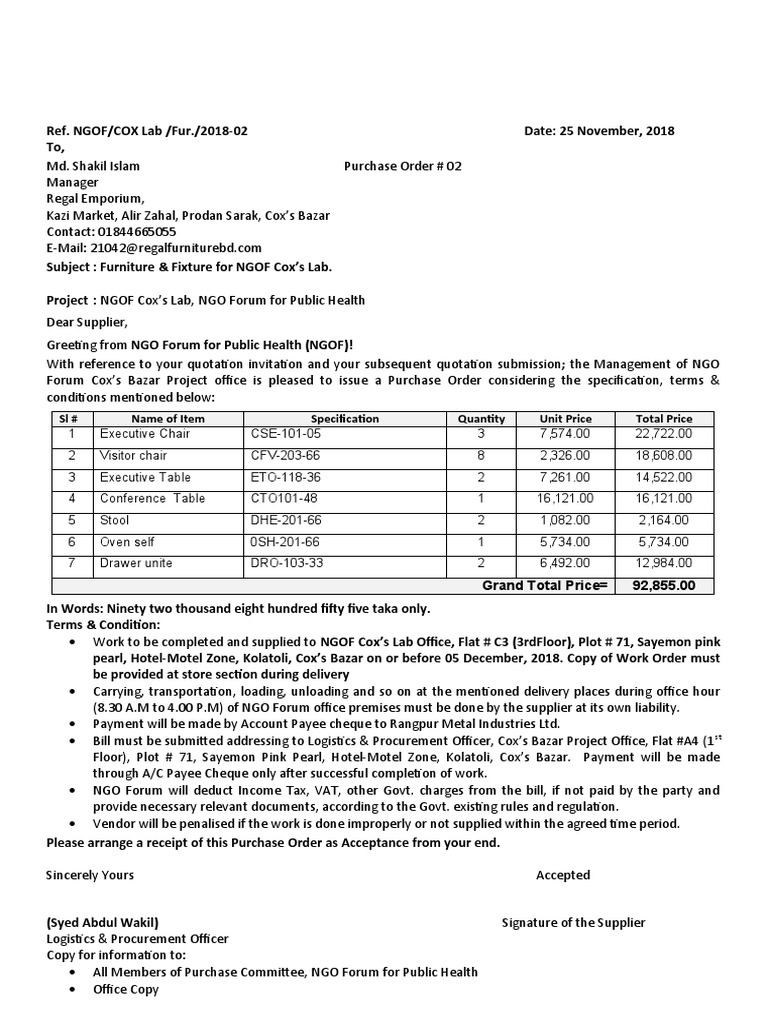 Purchase Order For Furniture & Fixture-20.11.2018 | PDF | Payments | Cheque