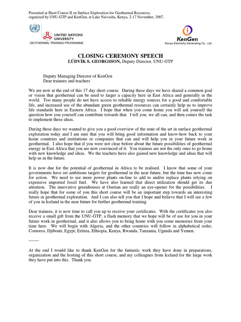 Closing Speech Sample | PDF | Nature | Physical Quantities