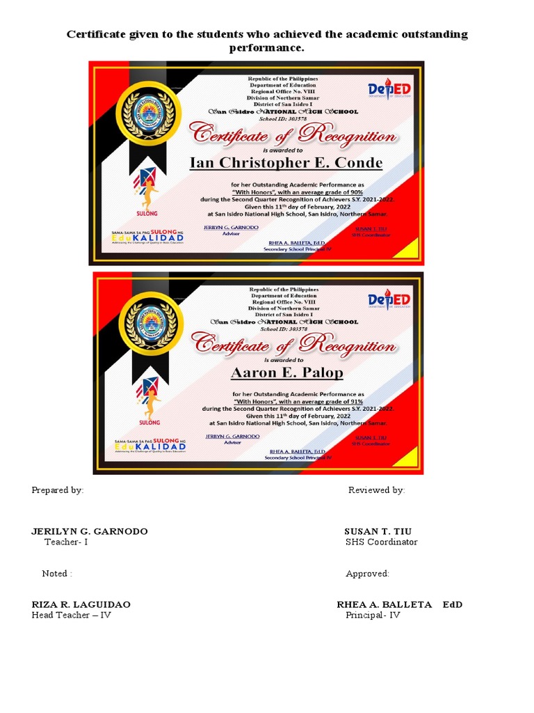 Certificate Given To The Students Who Achieved The Academic Outstanding ...