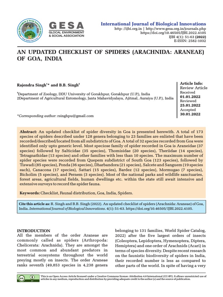 An Updated Checklist of Spiders in Goa, India | PDF | Biodiversity | Spider