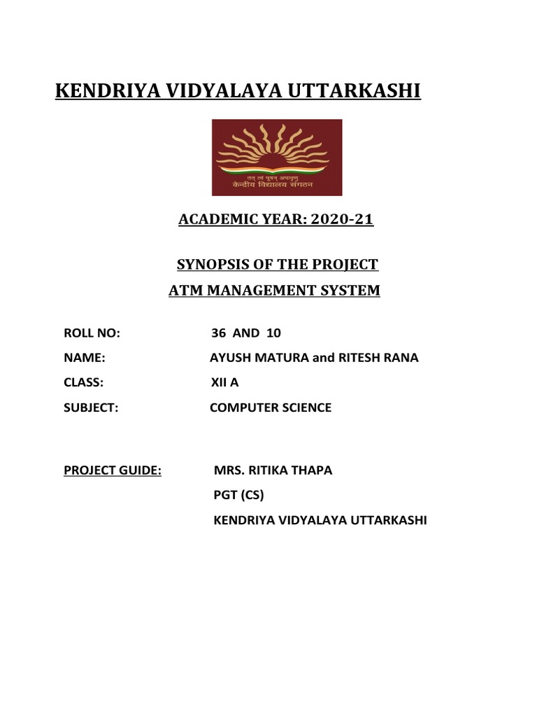 CS ATM MANAGEMENT Synopsis | PDF | Python (Programming Language) | Databases