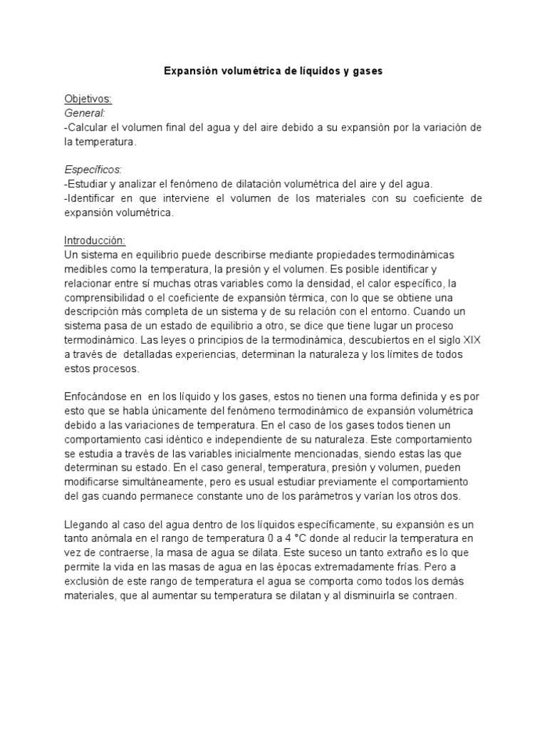 Expansión Volumétrica de Líquidos y Gases | PDF | Expansión térmica | Gases
