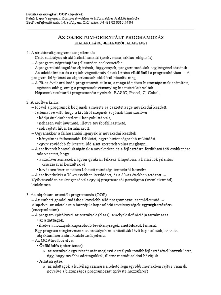 (A.1) OOP Alapelvek, Jellemzők | PDF