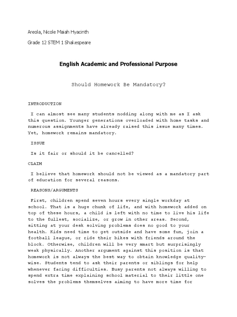 English Academic and Professional Purpose: Should Homework Be Mandatory ...