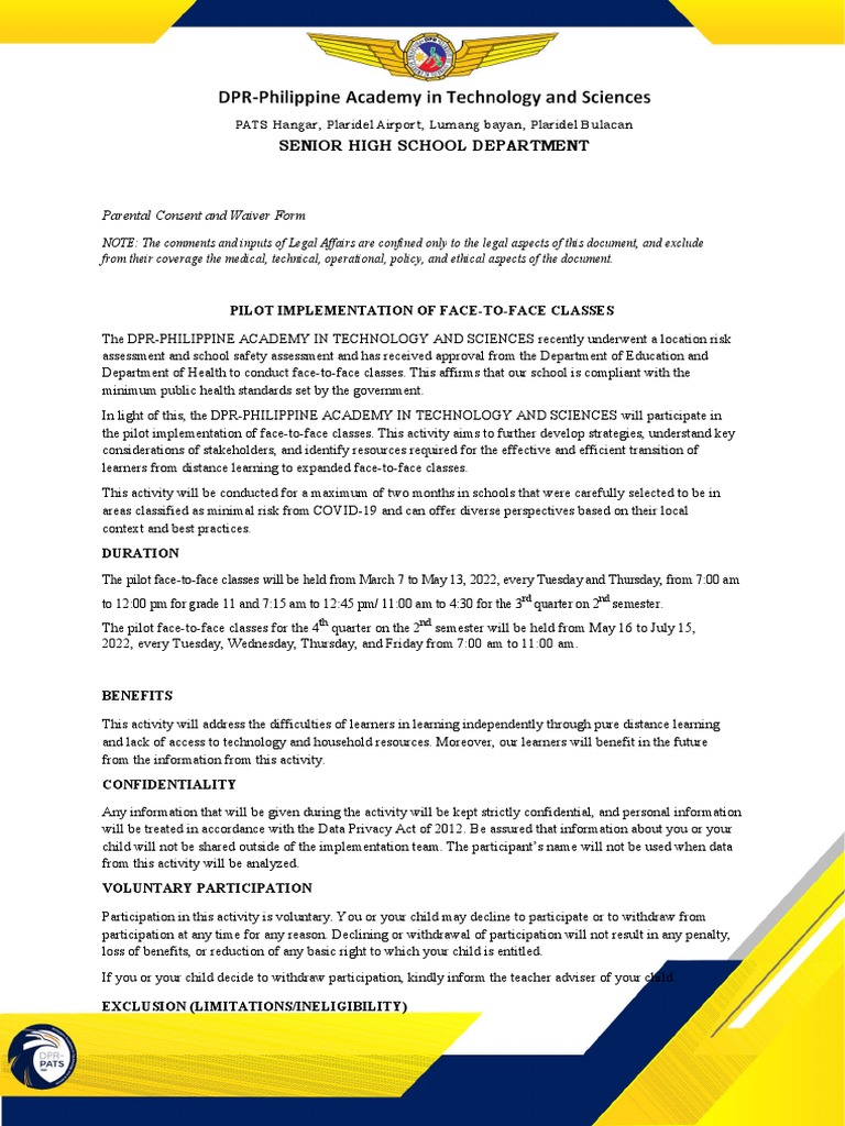 Parental Consent Form for Pilot F2F Classes | PDF | Clinical Medicine | Diseases And Disorders