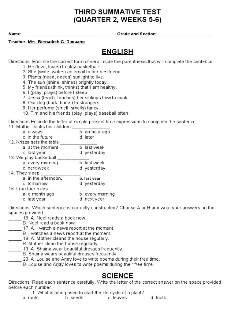 Grade 3 Summative Test: Weeks 5-6 | PDF | Seedling | Seed