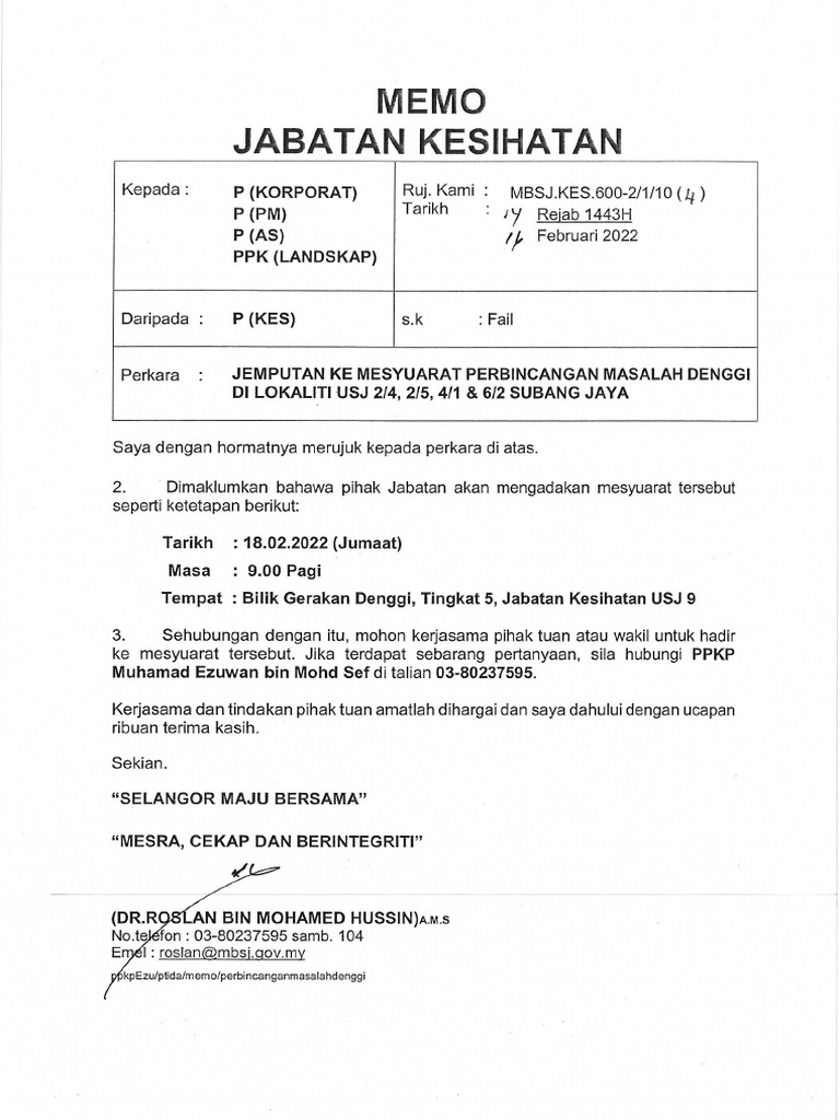 Memo Jemputan Ke Mesyuarat Perbincangan Masalah Denggi Di Lokaliti Usj ...