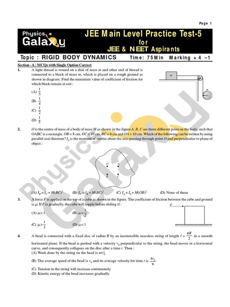 #MOCK JEE Main Practice Test-5 - Rigid Body Dynamics | PDF | Rotation ...