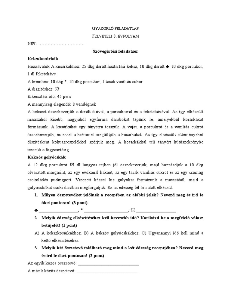 Gyakorló Feladatlap Felvételi | PDF