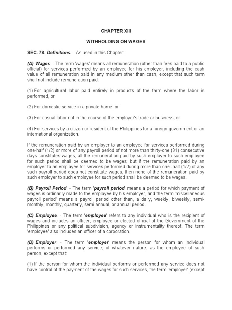Withholding On Wages SEC. 78. Definitions. - As Used in This Chapter ...