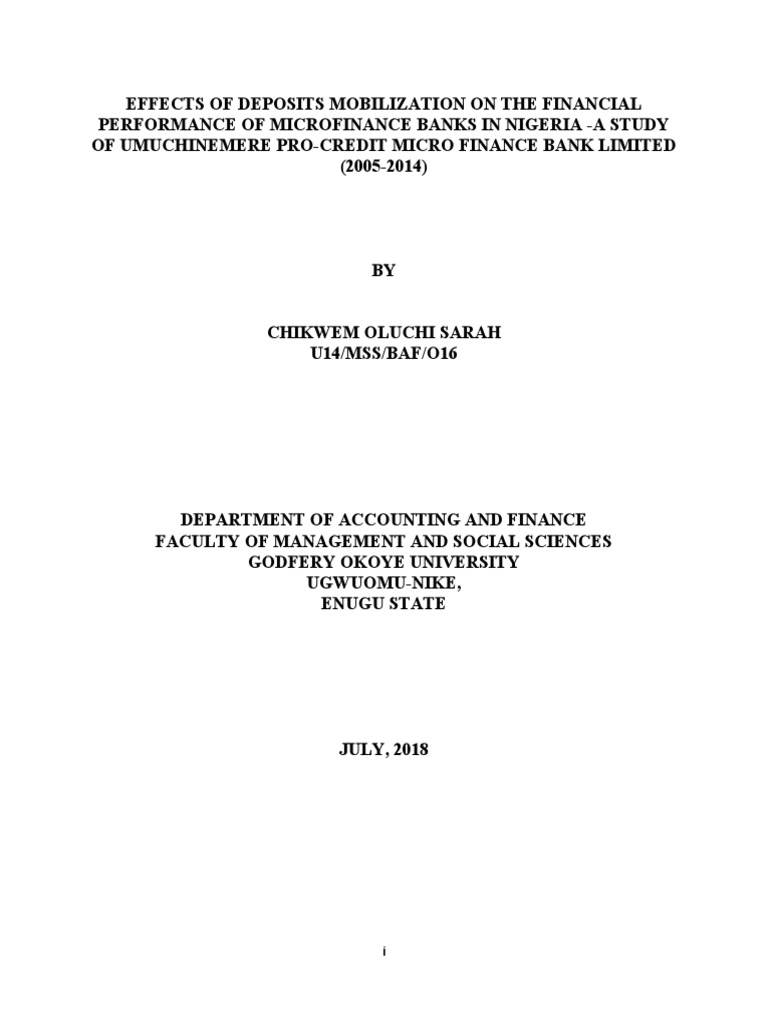 Effects of Deposits Mobilization On The Financial Performance of Microfinance Banks in Nigeria ...