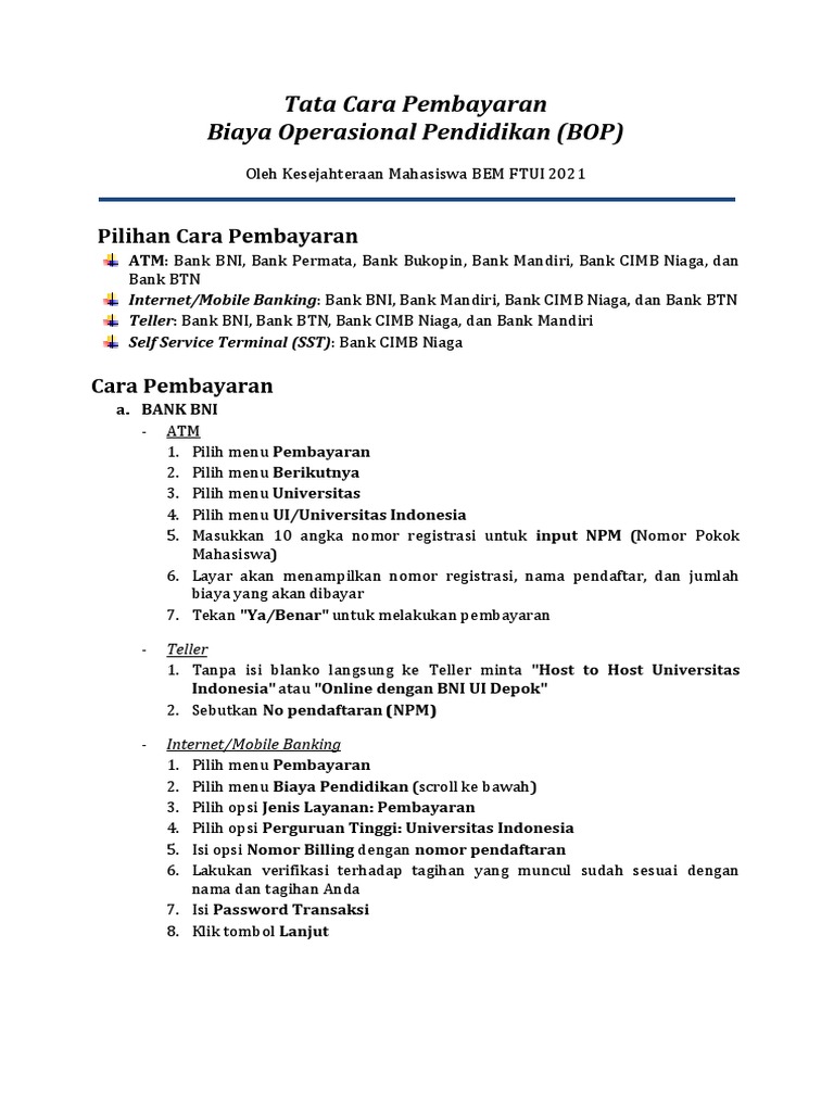 Cara Pembayaran BOP FT UI | PDF