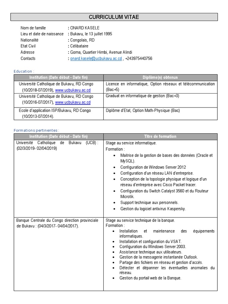 Curriculum Vitae (ONARD KASELE) | PDF | Informatique | Serveur (Informatique)