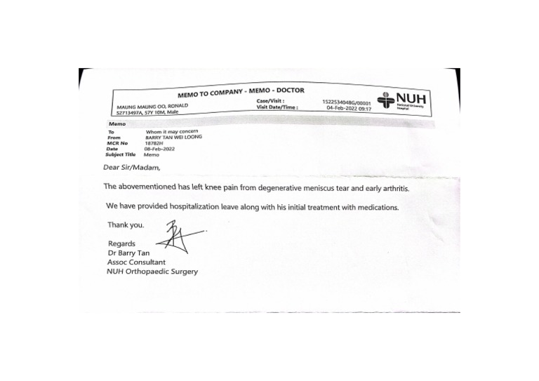 NUH-Ortho-Doctor Memo For HL | PDF