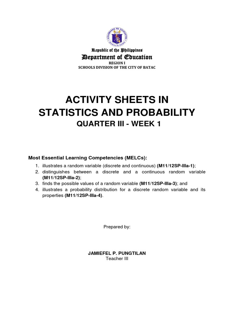 Activity Sheets in Statistics and Probability: Quarter Iii - Week 1 | Download Free PDF ...